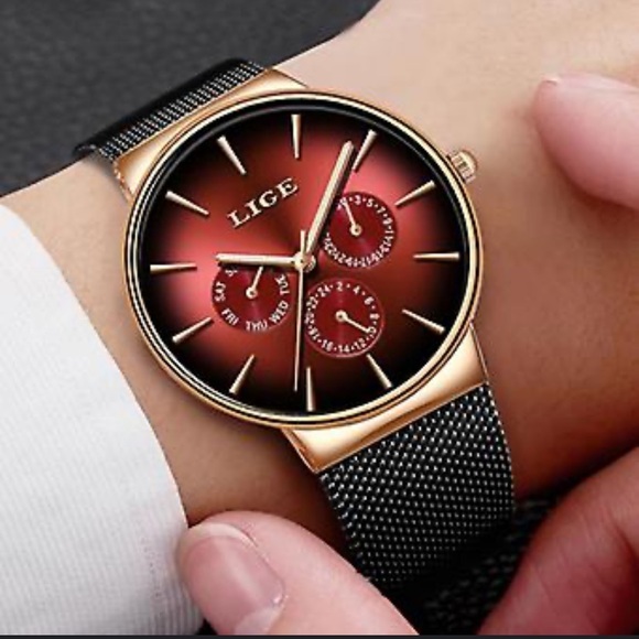 Accessories | Lige Luxury Mens Watch Red Face Black Band Analog Quartz ...